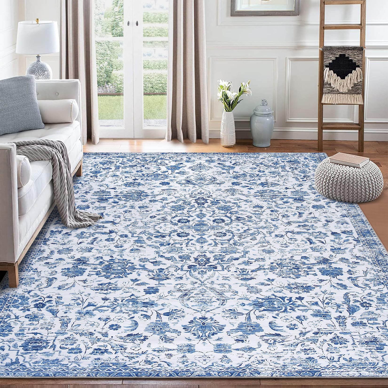 COZYLOOM Washable Area Rugs 8x10 Rug for Living Room Boho Vintage Rug Non Slip Throw Rugs Distressed Large Bedroom Rugs Low Pile Stain Resistant Carpet for Dining Room Nursery 8'x10' Blue