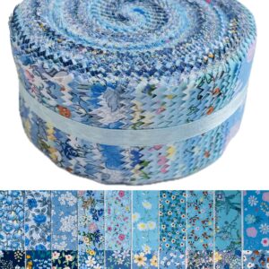 Jelly Roll Fabric - 20 Assorted Floral Prints, 100% Cotton Quilting Fabric, 40 Pre-Cut Strips (2.5 x 44 Inch) for Quilting, Sewing, and DIY Projects-Blue Ocean