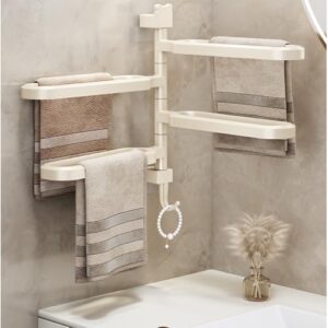 4-arm swivel towel rails fold out hardware l for bathroom/kitchen, towel hanger wall mounted holder rotatable bath towel rod arm space saver rack organizer (four pole)