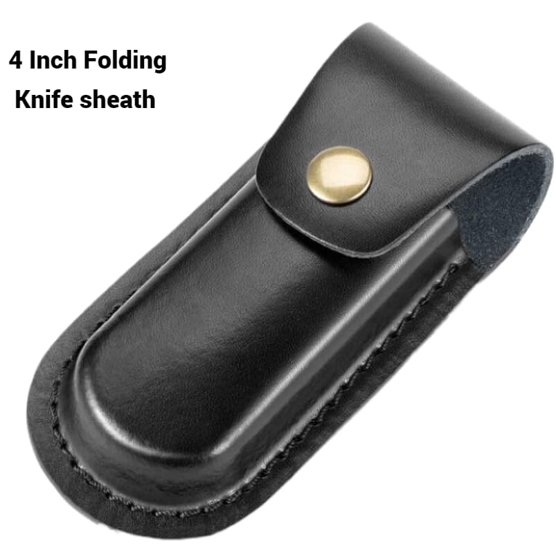 Leather Knife 4" Holster with Belt Buckle – Holding Sheath for Pocket Knives, Folding Knife- Compact Draw EDC Knife Holster Belt – Black, Camping, Hunting, and Outdoors.