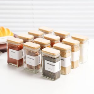 Glass Spice Jars with Labels - 4oz Glass Jars with Bamboo Lids, Square Spice Jars with Labels, Empty Spice Bottles for Seasoning Organizer, Spice Drawer Organizer and Kitchen Storage, 12 Pack, White