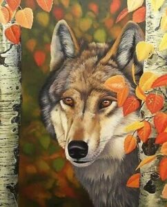 wolf in the aspen trees at fall colorful time, cotton fabric panel size 36 x 44 inches david textiles 3980, brown