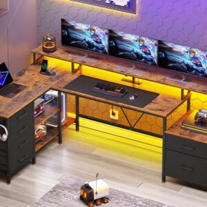 UPOSOJA L Shaped Gaming Desk with Power Outlet, 78" Reversible Corner Computer Desk with File Drawers & LED Strip, Home Office Desk with Storage Shelves Monitor Shelf CPU Stand Mouse Pad Brown