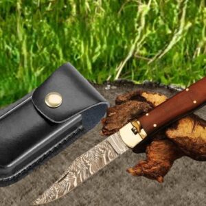 Leather Knife 4" Holster with Belt Buckle – Holding Sheath for Pocket Knives, Folding Knife- Compact Draw EDC Knife Holster Belt – Black, Camping, Hunting, and Outdoors.