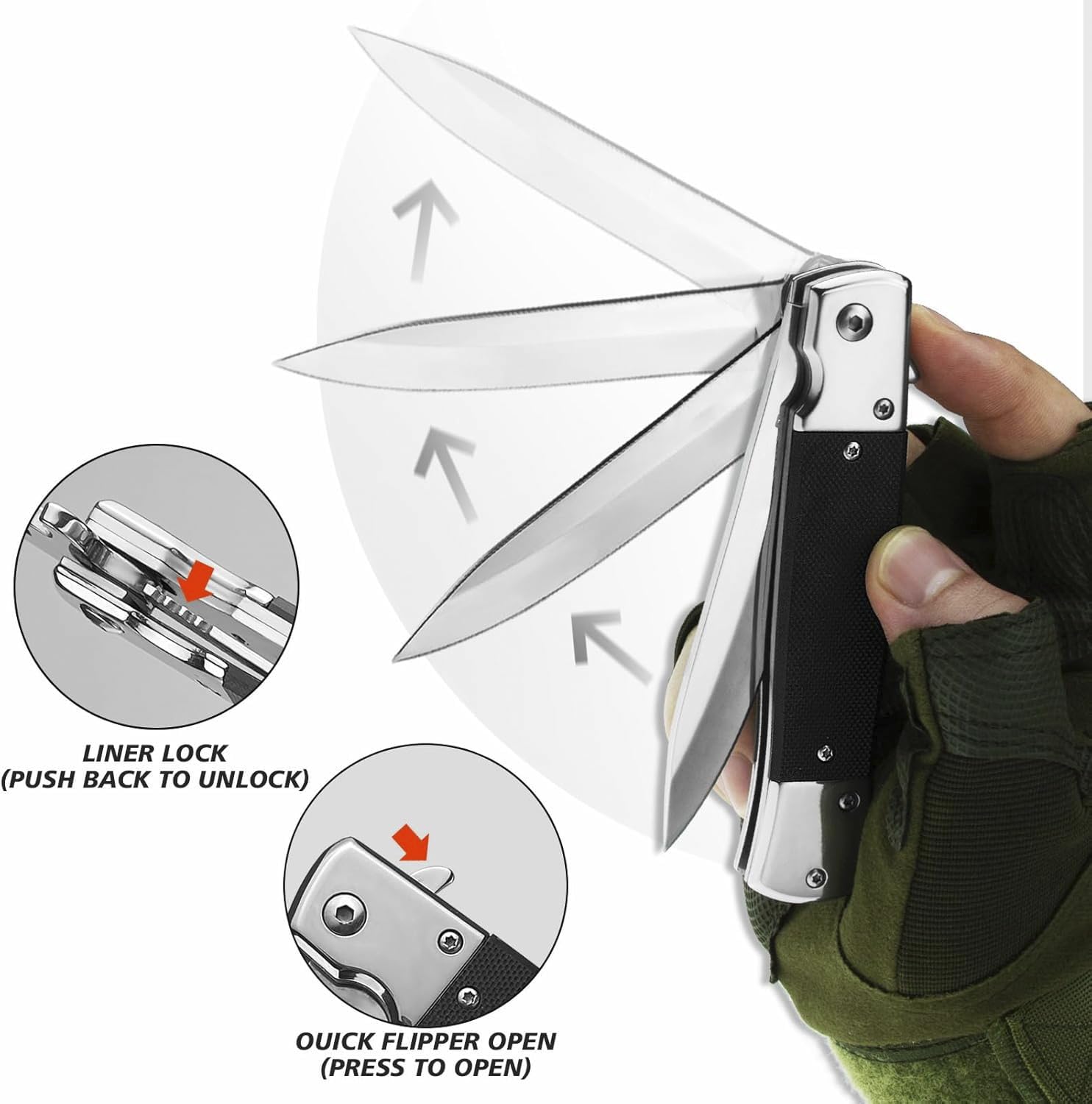 geegift Folding Pocket Knife,EDC Knife, G10 Handle, 7Cr17 Stainless Steel Knife with Safety Liner-Lock, Camping Hunting Outdoor Knife With Pocket Clip for Men Women (silver)