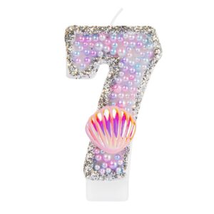 ininger girls glitter 7th birthday number candle,glitter mermaid number 7 candle with pink shell sequins,pink purple pearls cake candles for girls mermaid themed birthday decorations party supplies