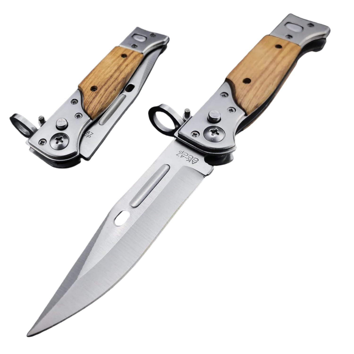 geegift 9" AK47 Slide Pocket Folding Knife, EDC Knife,Stainless Steel Blade Wooden Handle for Outdoor Camping Hunting Hiking (wooden handle, with ring)