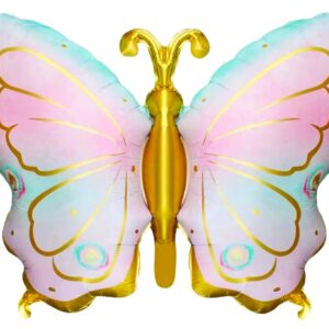 2Pcs Big Butterfly Balloons Pastel Pink Butterfly Foil Mylar Balloon,Colorful Butterfly Themed Baby Shower Girl Birthday Party,Wedding Summer Party Decorations Supplies(Light Pink Gradient Gold)