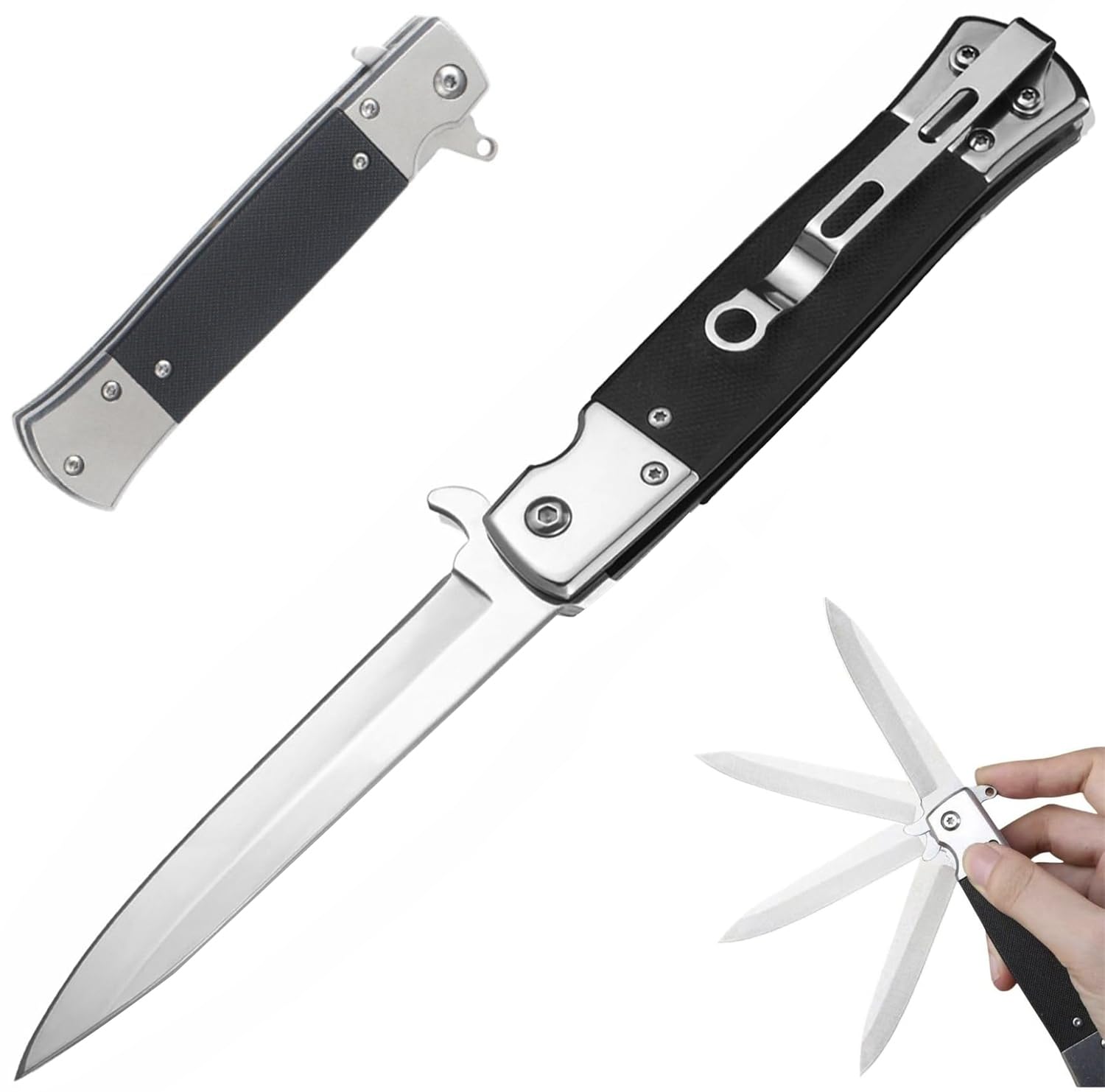 geegift Folding Pocket Knife,EDC Knife, G10 Handle, 7Cr17 Stainless Steel Knife with Safety Liner-Lock, Camping Hunting Outdoor Knife With Pocket Clip for Men Women (silver)