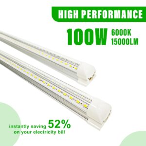 yaojin LED Shop Light Fixture 8FT,100W 15000LM,6000K,V Shape,Clear Cover,Hight Output,Linkable,T8 LED Tube Lights,for Garage, Warehouse 8 Foot with Plug,Pack of 8