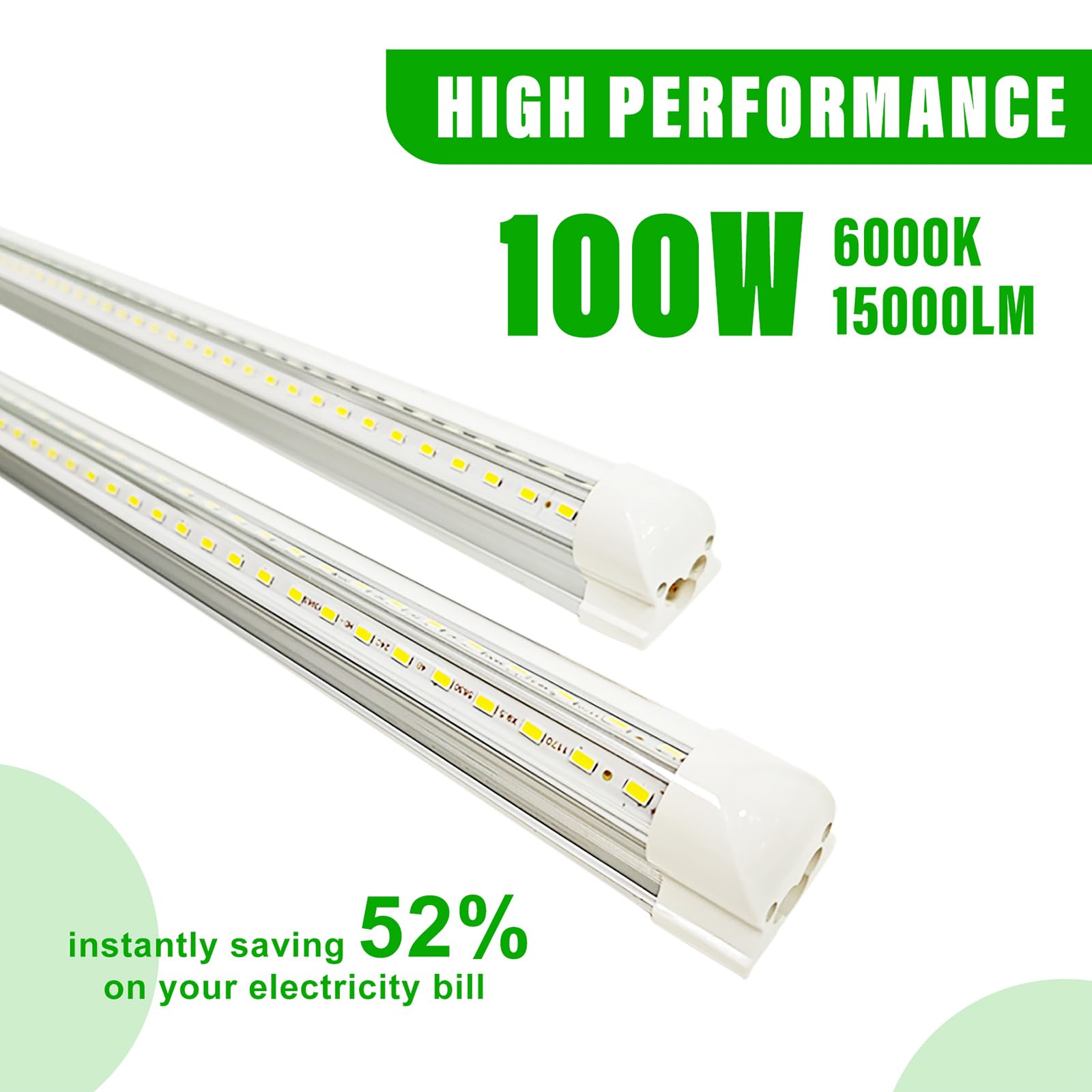 yaojin LED Shop Light Fixture 8FT,100W 15000LM,6000K,V Shape,Clear Cover,Hight Output,Linkable,T8 LED Tube Lights,for Garage, Warehouse 8 Foot with Plug,Pack of 8