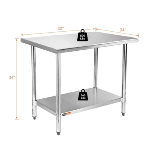 HZEEMFG Stainless Steel Work Table for Prep & Work 24 x 30 Inches, Metal Heavy Duty Commercial Worktable with Undershelf for Restaurant, Home, Hotel, Laundry and Garage