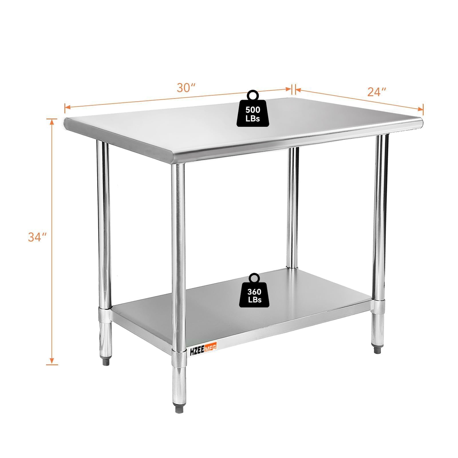 HZEEMFG Stainless Steel Work Table for Prep & Work 24 x 30 Inches, Metal Heavy Duty Commercial Worktable with Undershelf for Restaurant, Home, Hotel, Laundry and Garage