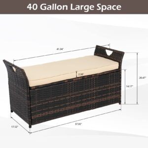 VINGLI 40 Gallon Outdoor Rattan Deck Box w/Cushion, Patio Wicker Storage Box for Tools and Supplies Storage, Garden Deck Storage Bin for Garden, Balcony, Porch, Pool, Yard, Brown