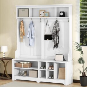 rovibek hall tree with bench and shoe storage coat rack 60in entryway bench wooden shoe rack storage cabinet shelf entryway furniture home organizer for living room entryway, white