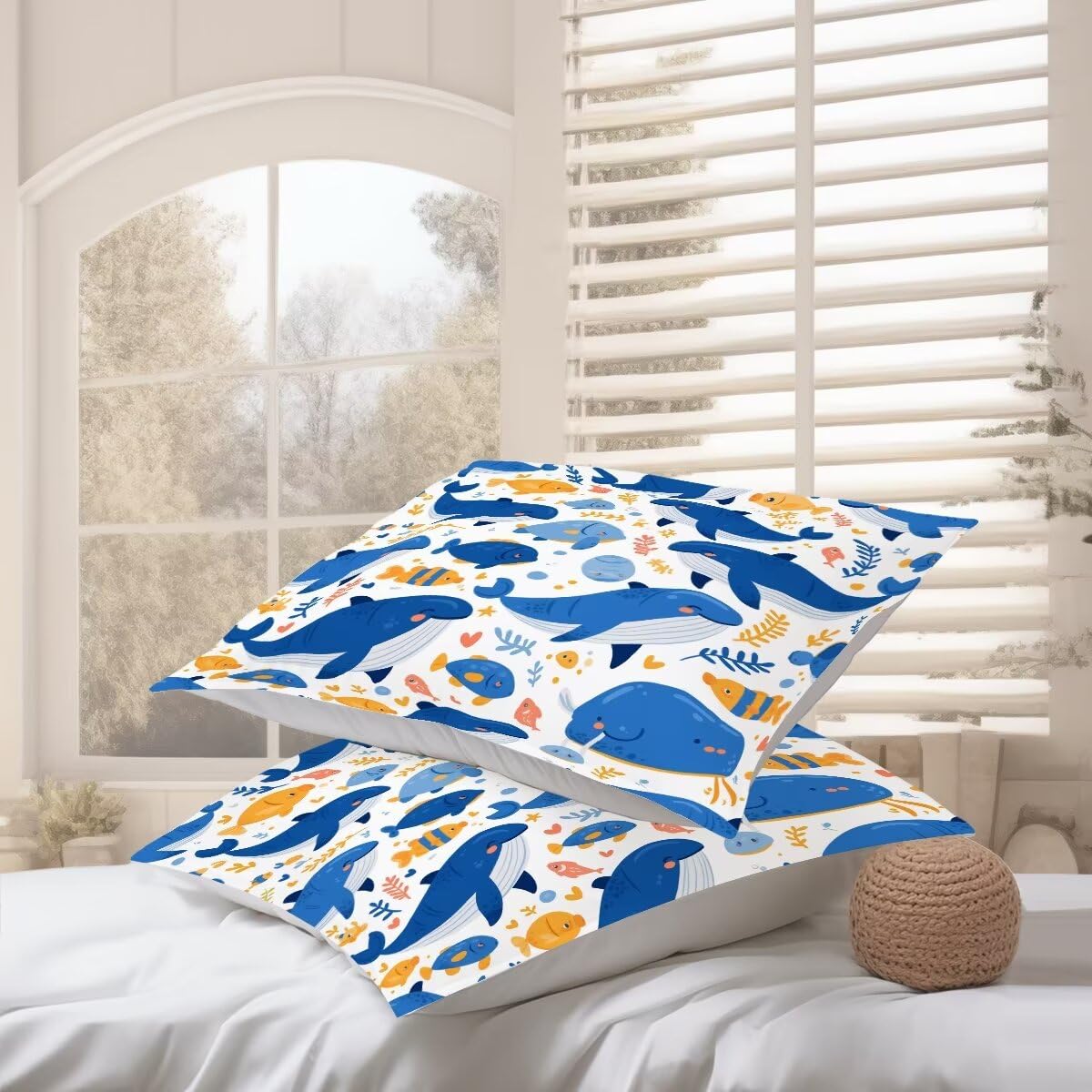 Lokaluo Whale Duvet Cover Full Size 3D Printed Cartoon Blue Whale Duvet Cover Set Blue Ocean Animal Themed Sealife Tropical Beach Bedding Set Bedroom Decor 3 Pcs Comforter Cover with 2 Pillowcases