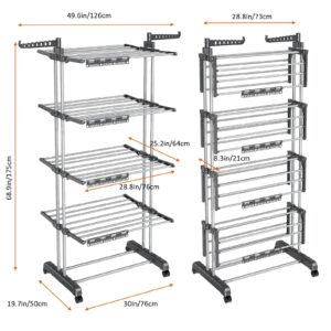 5 Tier Clothes Drying Rack Oversized, Foldable& Adjustable Height Rolling Clothes Rack Stainless Steel with 4 Castor, 32 Drying Poles,14 Hook& 4 Sock Clippers, Drying Rack Clothing for Indoor& Outdoor