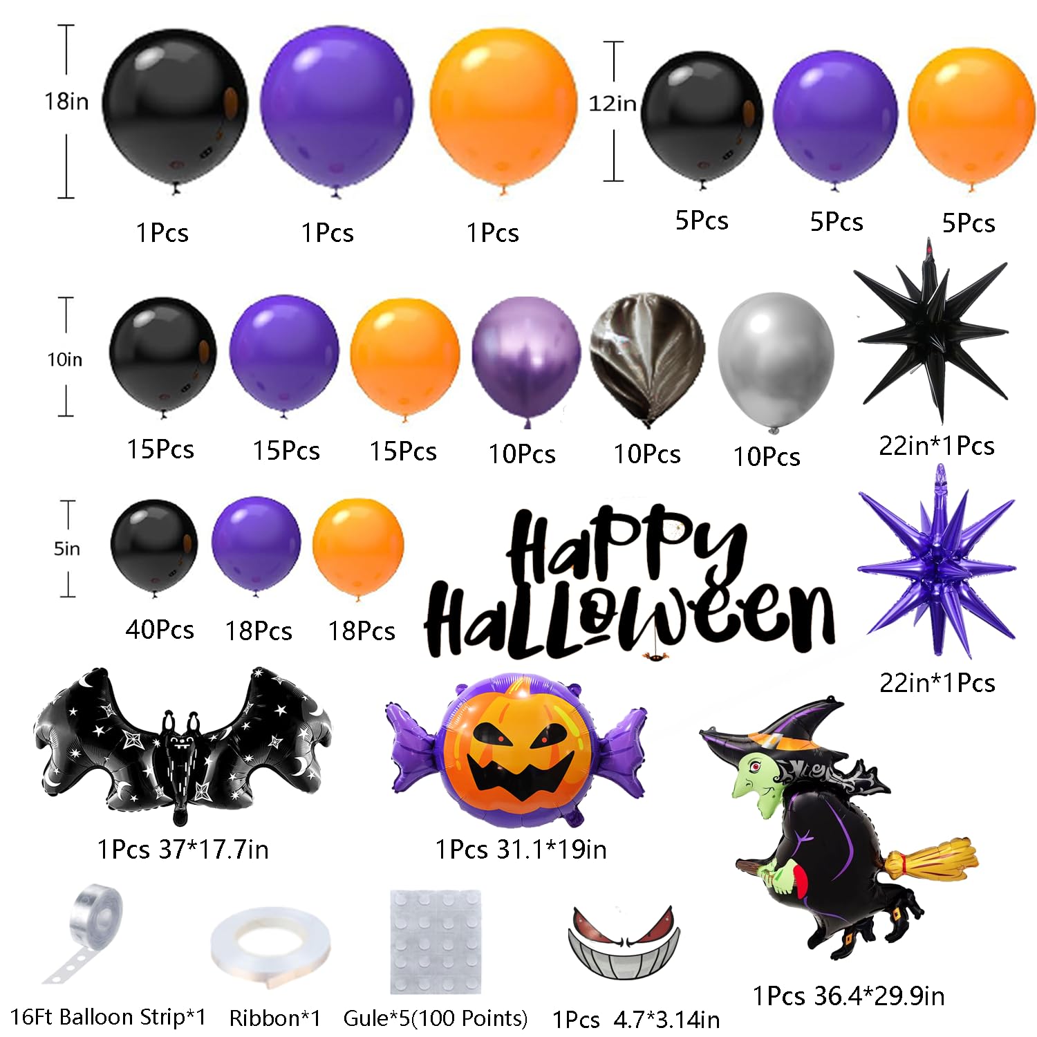 178 PCS Halloween Balloons Arch kit With Black Purple Orange Balloons Witch Balloons Pumpkin Candy Balloons Bat Balloons Outdoor Indoor Halloween Party Decoration balloon Garland