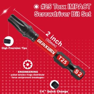 Geinxurn 10 Pieces 2 In. T25 Impact Tough Magnetic Screwdriver Bit Set, #25 Torx Head Power Bits, S2 Alloy Steel Star Bits with Storage M-Box