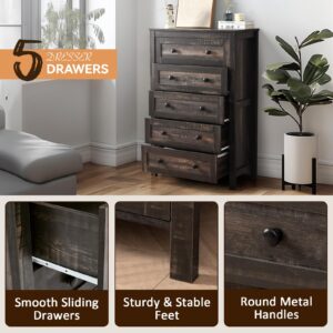 HALLYBEE Farmhouse 5 Drawer Dresser, 48" Tall Dresser for Bedroom, Wood Chest of Drawers with Round Metal Handle, Storage Dresser Organizer for Bedroom, Living Room, Hallway, Dark Rustic Oak