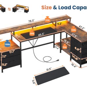 UPOSOJA L Shaped Gaming Desk with Power Outlet, 78" Reversible Corner Computer Desk with File Drawers & LED Strip, Home Office Desk with Storage Shelves Monitor Shelf CPU Stand Mouse Pad Brown