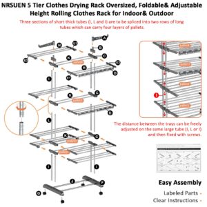 5 Tier Clothes Drying Rack Oversized, Foldable& Adjustable Height Rolling Clothes Rack Stainless Steel with 4 Castor, 32 Drying Poles,14 Hook& 4 Sock Clippers, Drying Rack Clothing for Indoor& Outdoor