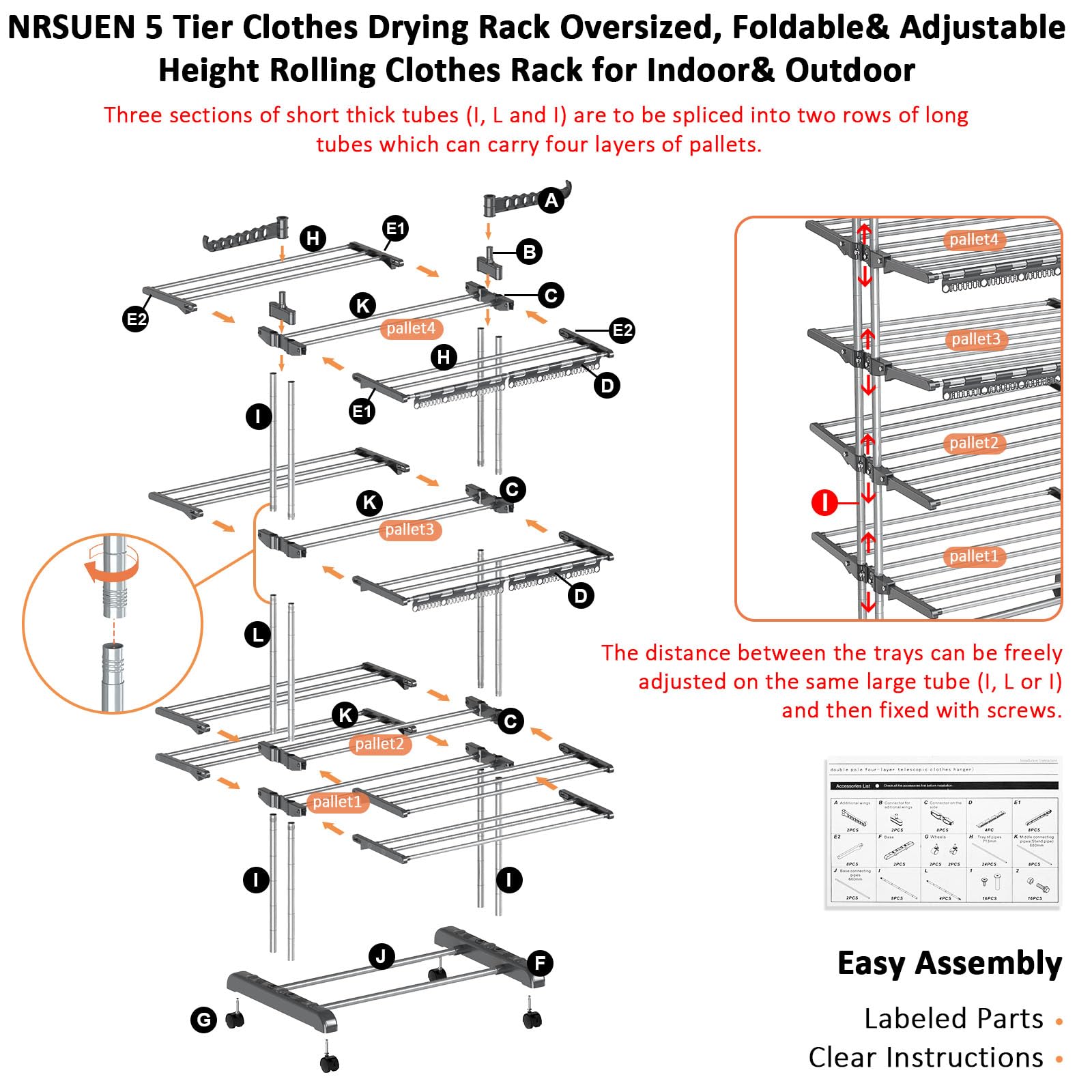 5 Tier Clothes Drying Rack Oversized, Foldable& Adjustable Height Rolling Clothes Rack Stainless Steel with 4 Castor, 32 Drying Poles,14 Hook& 4 Sock Clippers, Drying Rack Clothing for Indoor& Outdoor