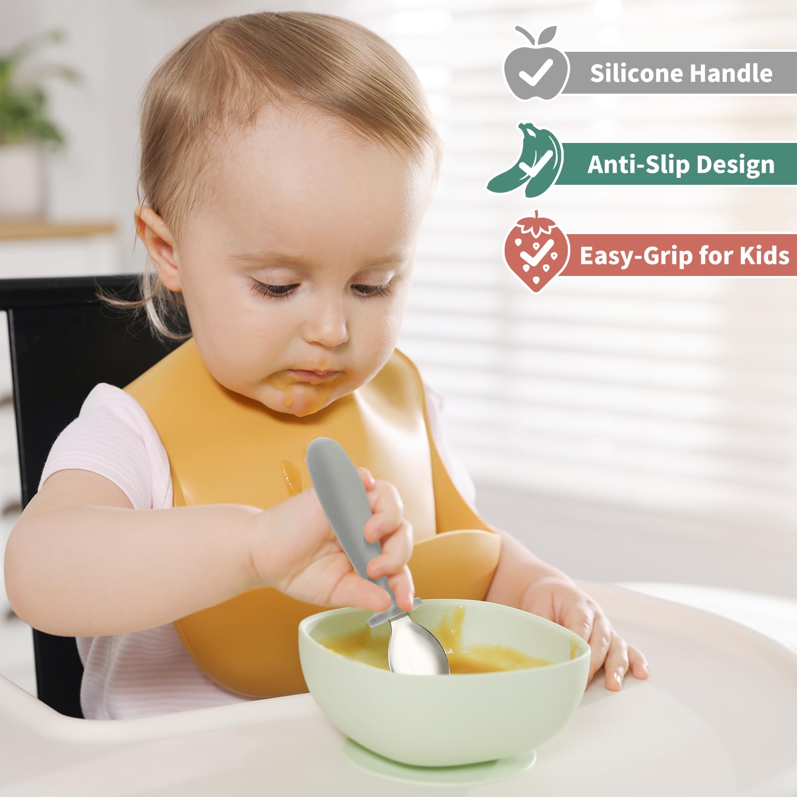 DRKIO 8 Pieces Toddler Utensils Set - Kids Silverware Set with Silicone Handle Children Safe 18/8 Stainless Steel Forks and Spoons Anti-Choke Design Food Grade Dishwasher Safe