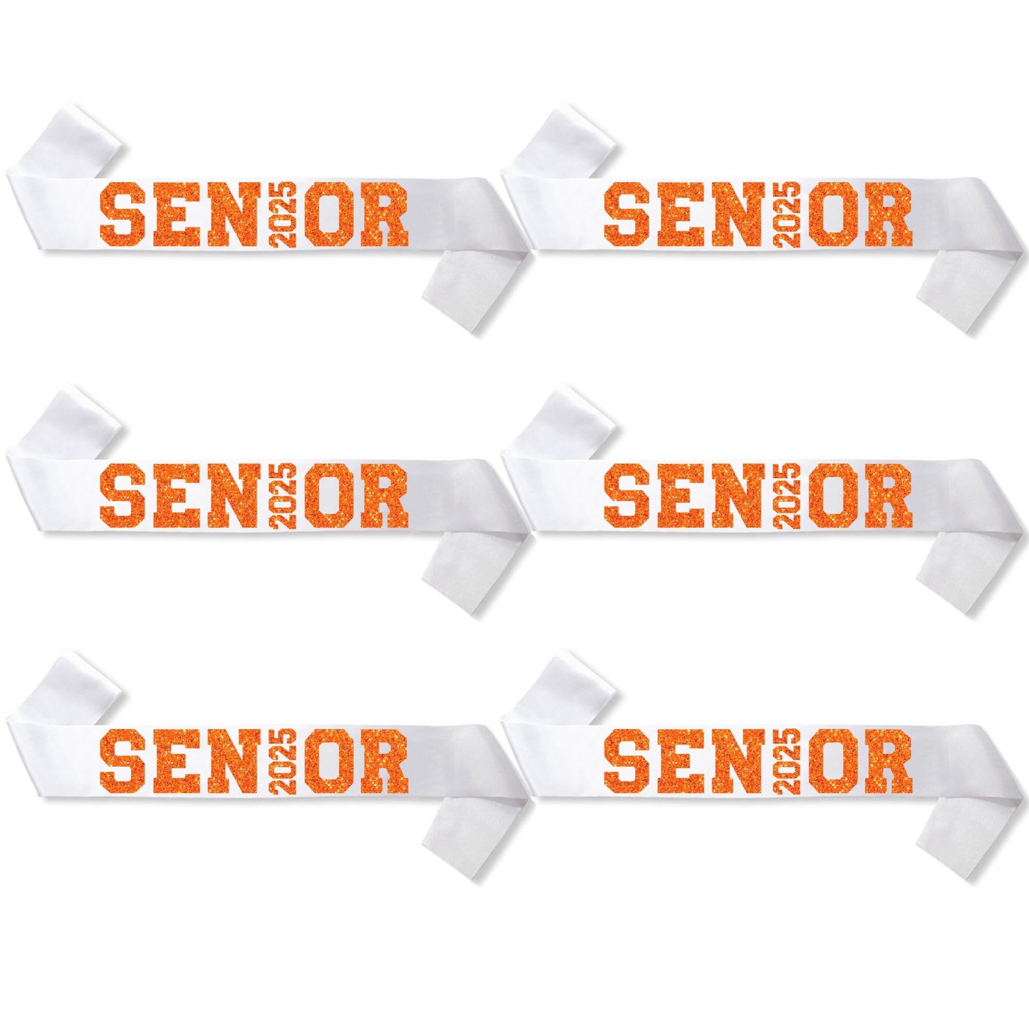 6Pcs White Senior 2025 Satin Sashes with Orange Glitter Letters- 2025 Graduation Celebrations Sashes - Senior Cheer Sash - Cheerleader Sash - Class Competition Sashes