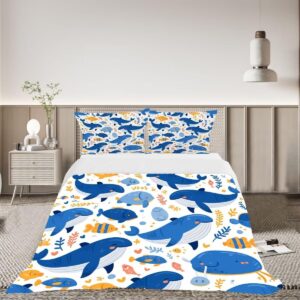 lokaluo whale duvet cover full size 3d printed cartoon blue whale duvet cover set blue ocean animal themed sealife tropical beach bedding set bedroom decor 3 pcs comforter cover with 2 pillowcases