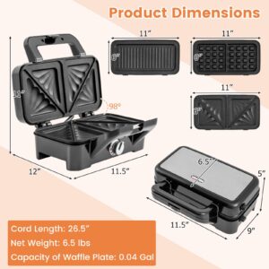 COSTWAY 3-in-1 Sandwich Maker, 1200W Electric Waffle Maker with 3 Removable Non-Stick Plates, Grilled Cheese Maker with 5-Gear Temperature Control, Panini Press Grill for Breakfast