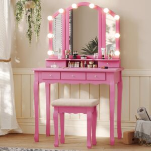 tiptiper vanity desk with tri-fold mirror and lights, makeup vanity with wood upholstered stool, vanity table with 5 drawers & 8 jewelry hooks, small vanity, pink