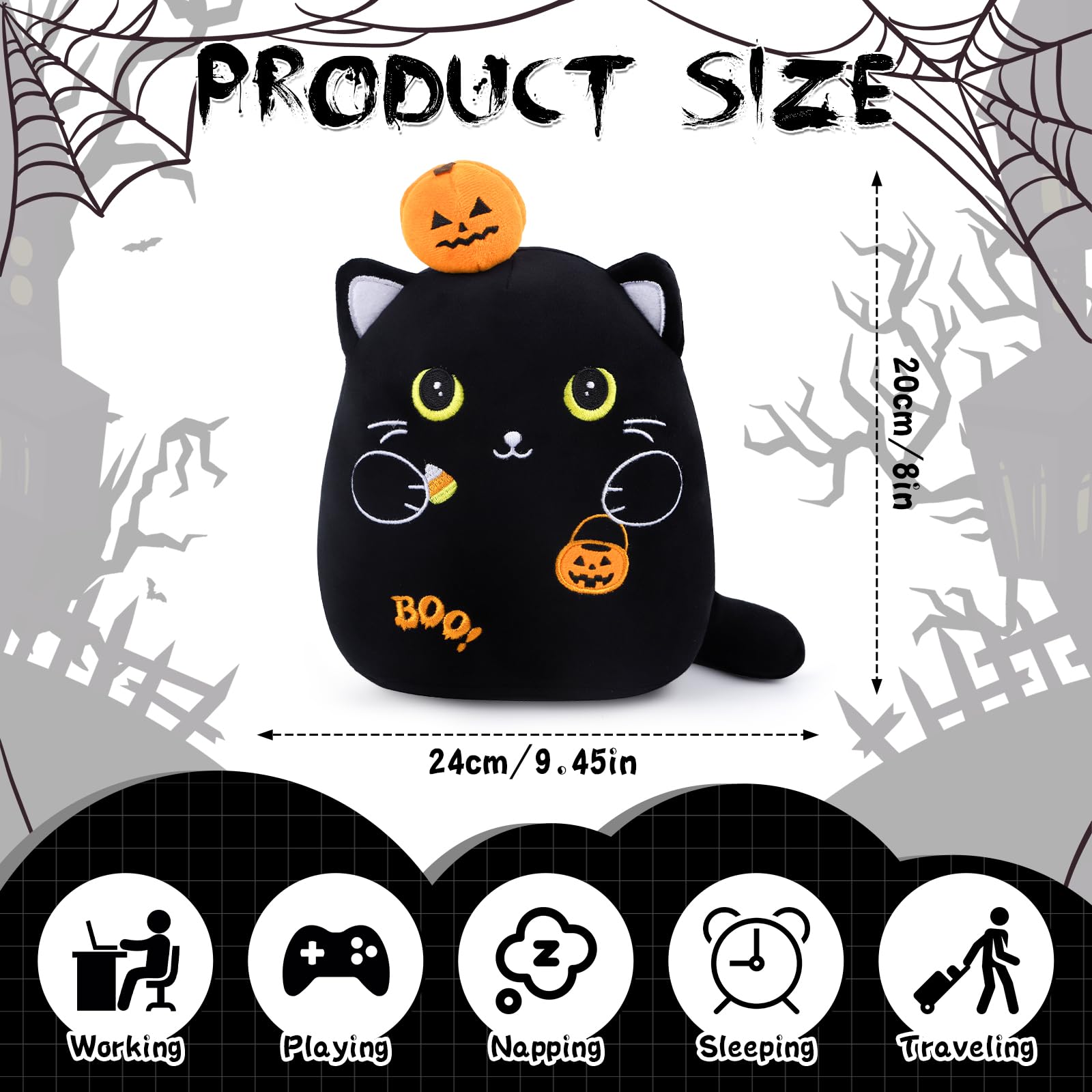 InIsaJace Cute Halloween Cat Plush - 8 Inches Halloween Cat Stuffed Animals Halloween Black Cat Plush with Pumpkin Boo Cat Plush Pillow Birthday Gifts for Kids Boys Girls Halloween Birthday Plush Gift