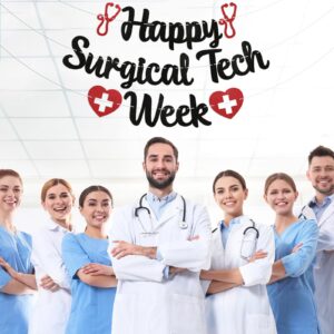 Happy Surgical Tech Week Banner - Surgical Technologist Appreciation Week Decor, Hospital Office Clinics, Thank You Nurse Doctor Party Decor 1 Black & Red Glitter