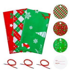 CubesLand Large Christmas Gift Bags,3 Jumbo Christmas Plastic Gift Bags,Huge Gifts Bags for Presents,Christmas Bags for Gifts Giant,Christmas Holiday Gift Wrap with Tag & Tie,Extra Large/Big/Medium