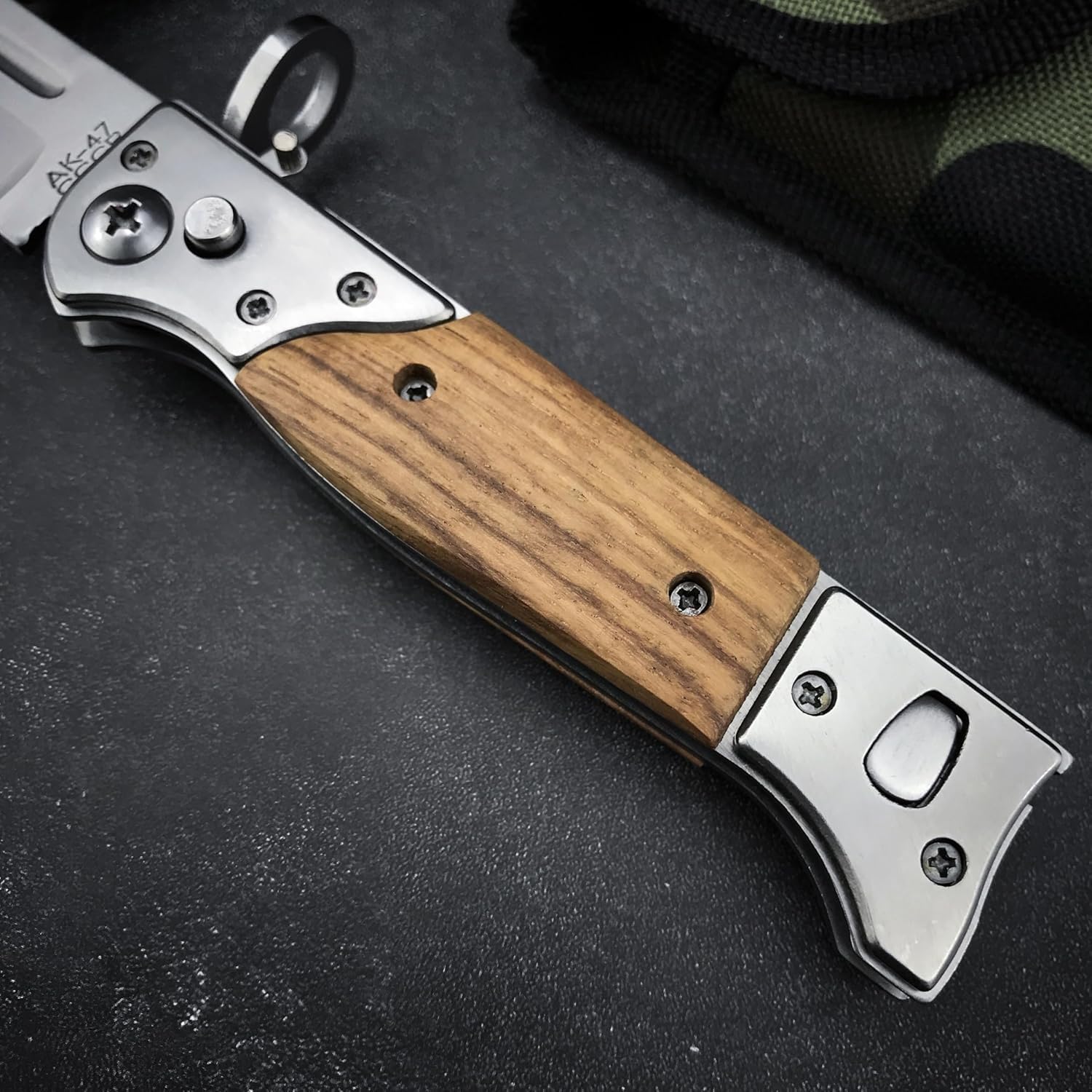 geegift 9" AK47 Slide Pocket Folding Knife, EDC Knife,Stainless Steel Blade Wooden Handle for Outdoor Camping Hunting Hiking (wooden handle, with ring)