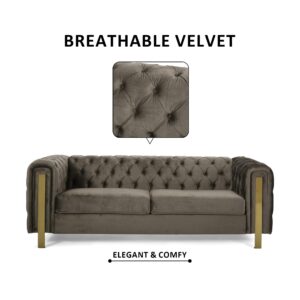 Olodumare Modern Velvet Chesterfield 3-Seater Sofa for Living Room, Luxury Contemporary Aristocratic Victorian Loveseat Couch with Gold Accents for Small Space, Elegant Button Tufted Furniture, Grey