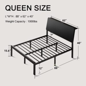 Einhomn Queen Size Metal Bed Frame with LED Lights & Charging Station, Ergonomic Platform Bed with Wooden Storage Headboard, Heavy-Duty Metal Base, 12" UnderBed Storage, No Box Spring Needed, Black