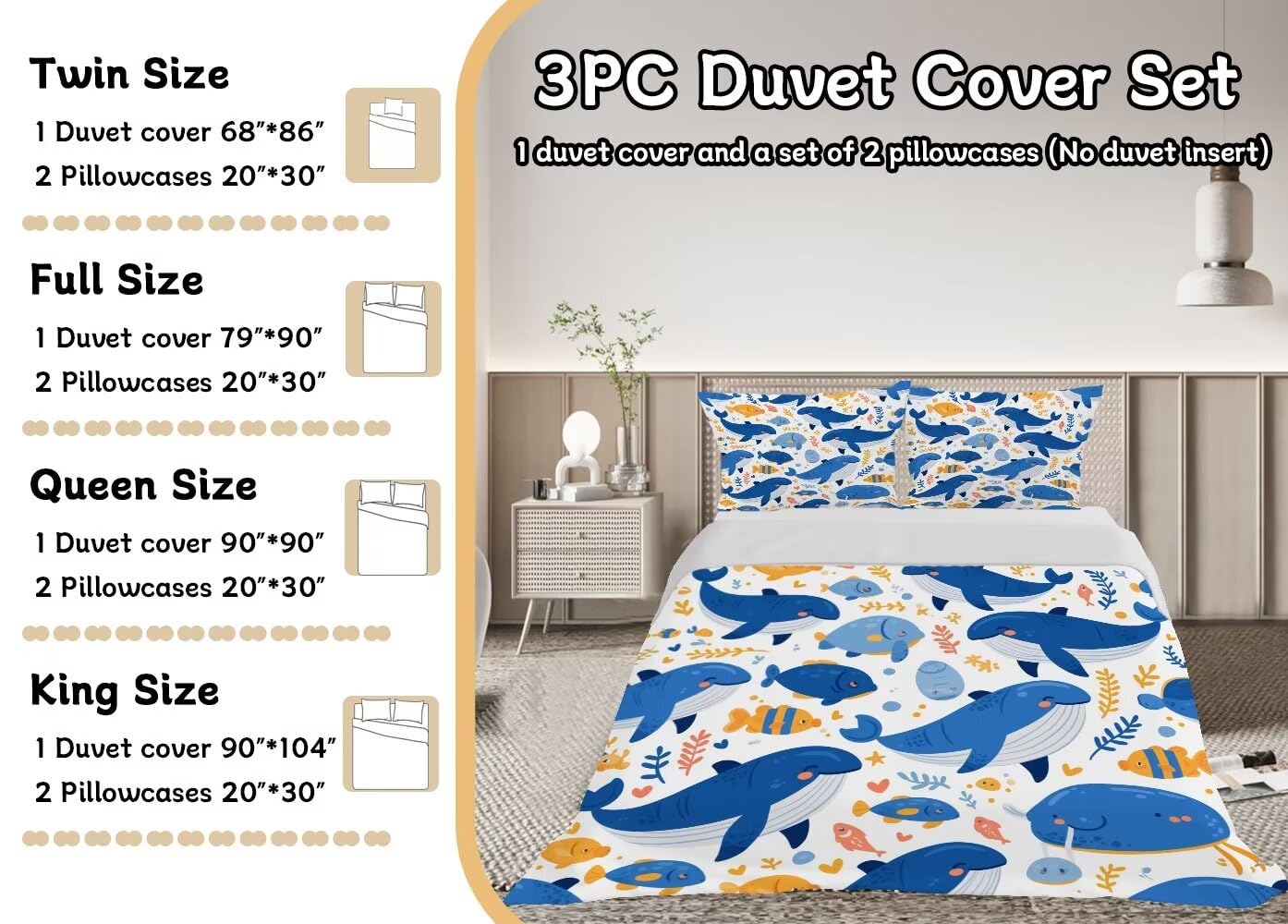 Lokaluo Whale Duvet Cover Full Size 3D Printed Cartoon Blue Whale Duvet Cover Set Blue Ocean Animal Themed Sealife Tropical Beach Bedding Set Bedroom Decor 3 Pcs Comforter Cover with 2 Pillowcases