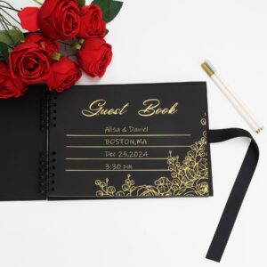 Wedding Guest Book with Ribbon Close for Wedding, Baby Shower, Birthday, Bridal Shower, Graduation Party, Anniversary - 11.2” x 8.3”, 80 Blank Pages Guestbook(Black)