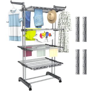 5 tier clothes drying rack oversized, foldable& adjustable height rolling clothes rack stainless steel with 4 castor, 32 drying poles,14 hook& 4 sock clippers, drying rack clothing for indoor& outdoor