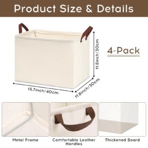 Storage Baskets for Shelves, Foldable Storage Bins with Handles Metal Frame for Clothes Storage, Towel Storage, Book Basket, 15.7"x11.8"x11.8", Beige, 4 Pack