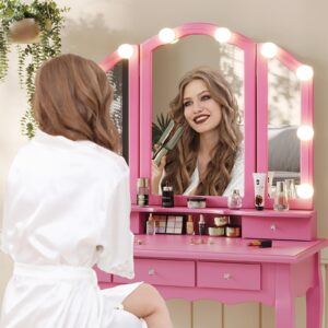 Tiptiper Vanity Desk with Tri-Fold Mirror and Lights, Makeup Vanity with Wood Upholstered Stool, Vanity Table with 5 Drawers & 8 Jewelry Hooks, Small Vanity, Pink