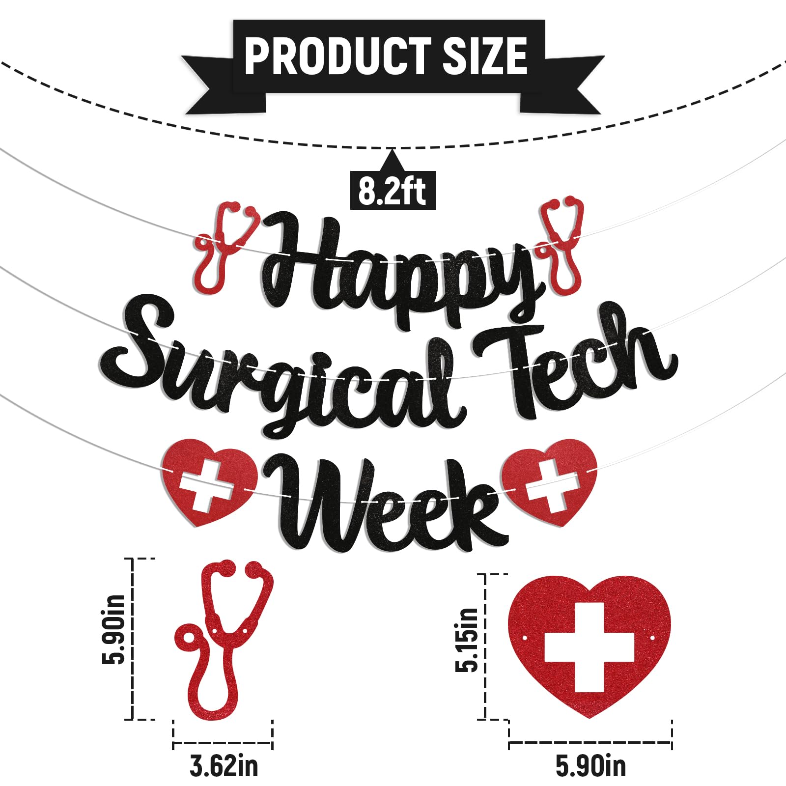 Happy Surgical Tech Week Banner - Surgical Technologist Appreciation Week Decor, Hospital Office Clinics, Thank You Nurse Doctor Party Decor 1 Black & Red Glitter