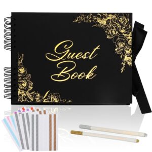 wedding guest book with ribbon close for wedding, baby shower, birthday, bridal shower, graduation party, anniversary - 11.2” x 8.3”, 80 blank pages guestbook(black)