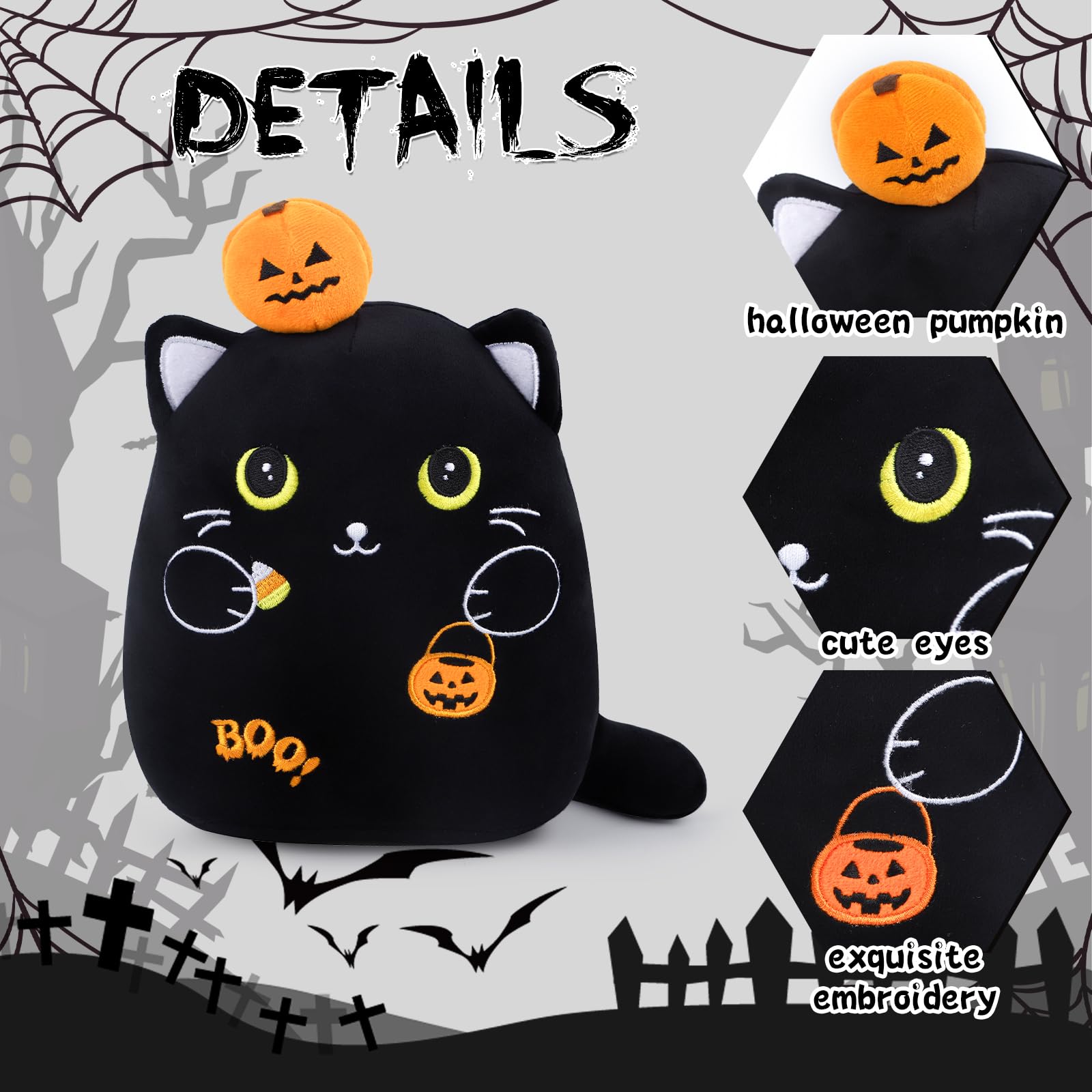 InIsaJace Cute Halloween Cat Plush - 8 Inches Halloween Cat Stuffed Animals Halloween Black Cat Plush with Pumpkin Boo Cat Plush Pillow Birthday Gifts for Kids Boys Girls Halloween Birthday Plush Gift