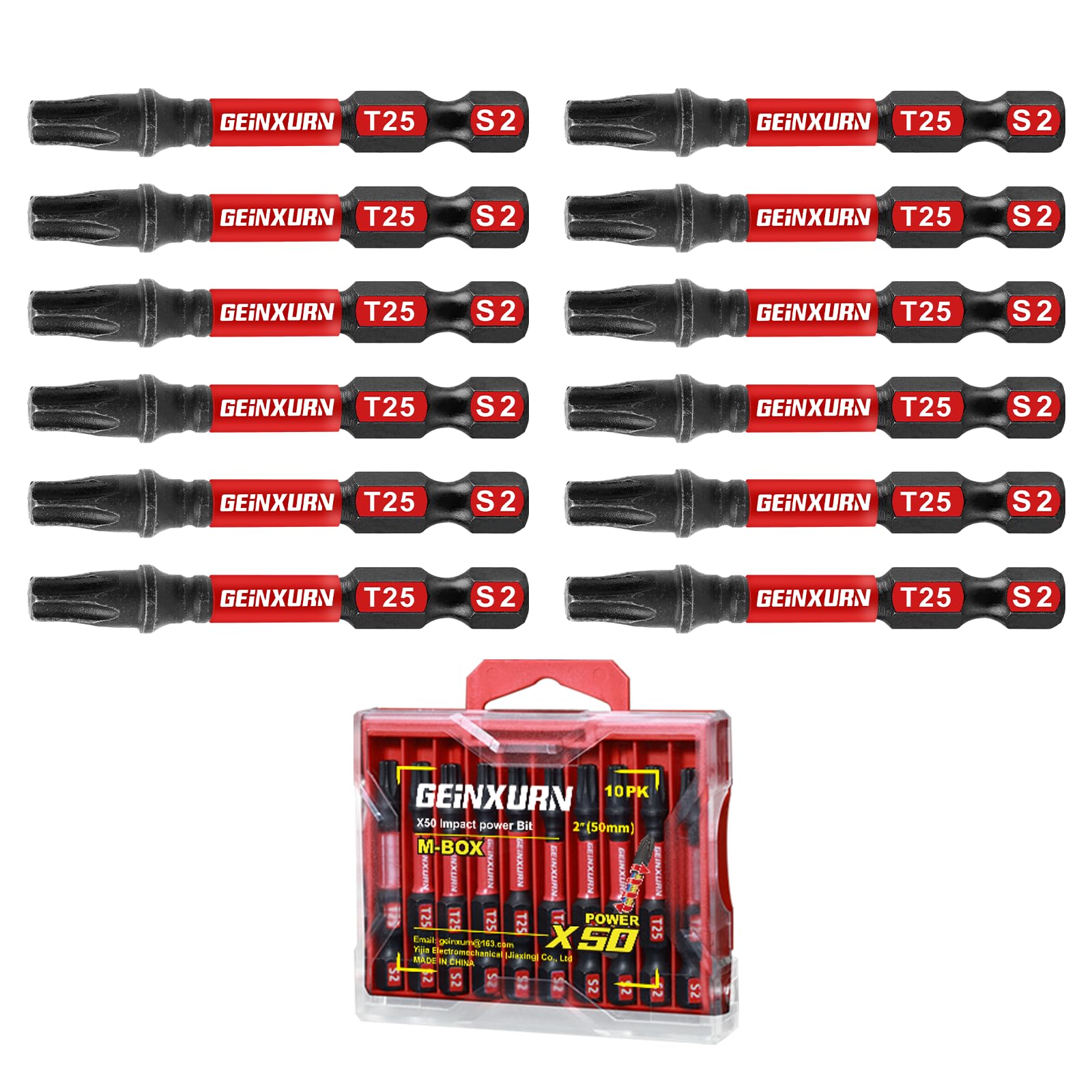 Geinxurn 10 Pieces 2 In. T25 Impact Tough Magnetic Screwdriver Bit Set, #25 Torx Head Power Bits, S2 Alloy Steel Star Bits with Storage M-Box