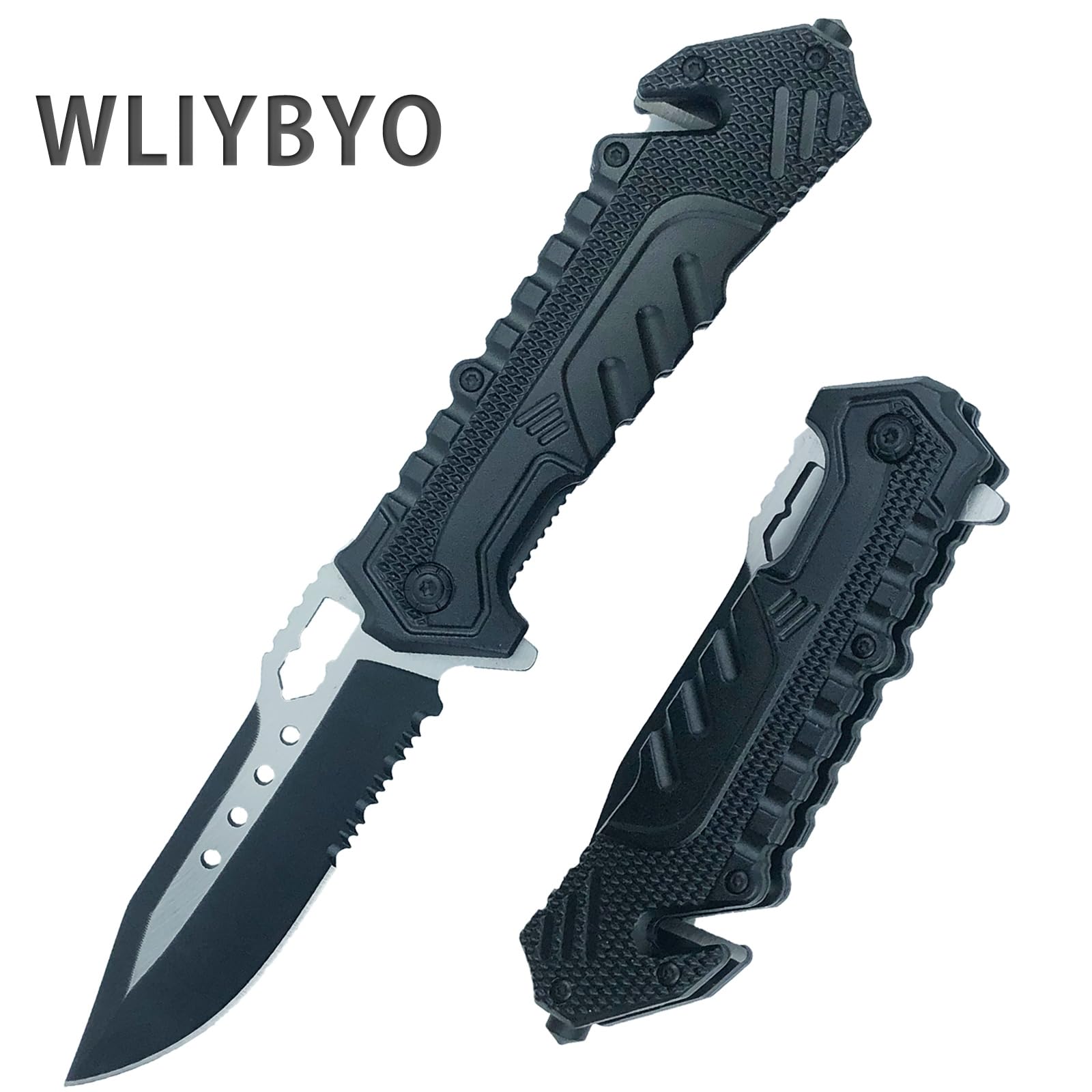 Wliybyo J29 Pocket Knife, 3 in 1 Folding Knife with Glass Breaker & Seatbelt Cutter, Pocket Knife for Men with Liner Lock, Survival Knife for Rescue