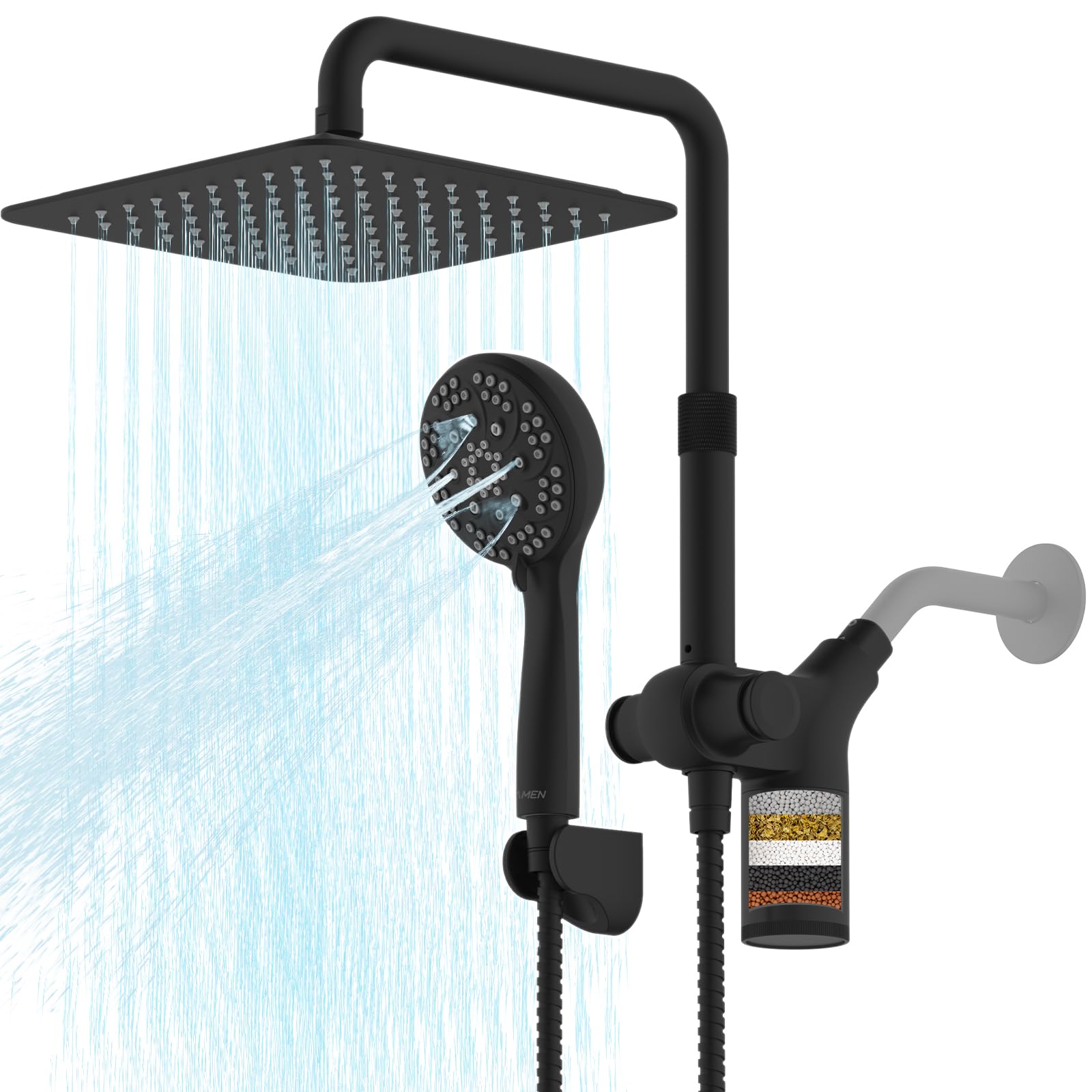 Ryamen Upgraded Dual Shower Heads Combo, 10 inch Filtered Shower Head with Handheld, 3-Way Rain Shower Head with Filters, 7 Settings Handheld Spray, High Pressure, Height Adjustable (Black)