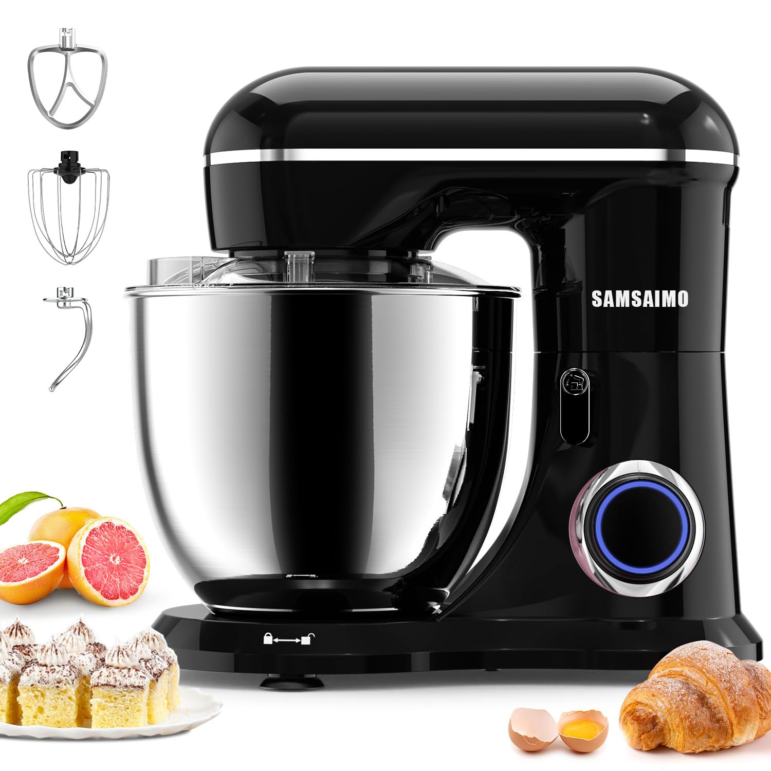 SAMSAIMO 3-IN-1 Electric Stand Mixer, 660W 10-Speed With Pulse Button, Attachments include 6.5QT Bowl, Dough Hook, Beater, Whisk for Most Home Cooks, Onyx Black, 13.7x12.6x8.3, 1533P